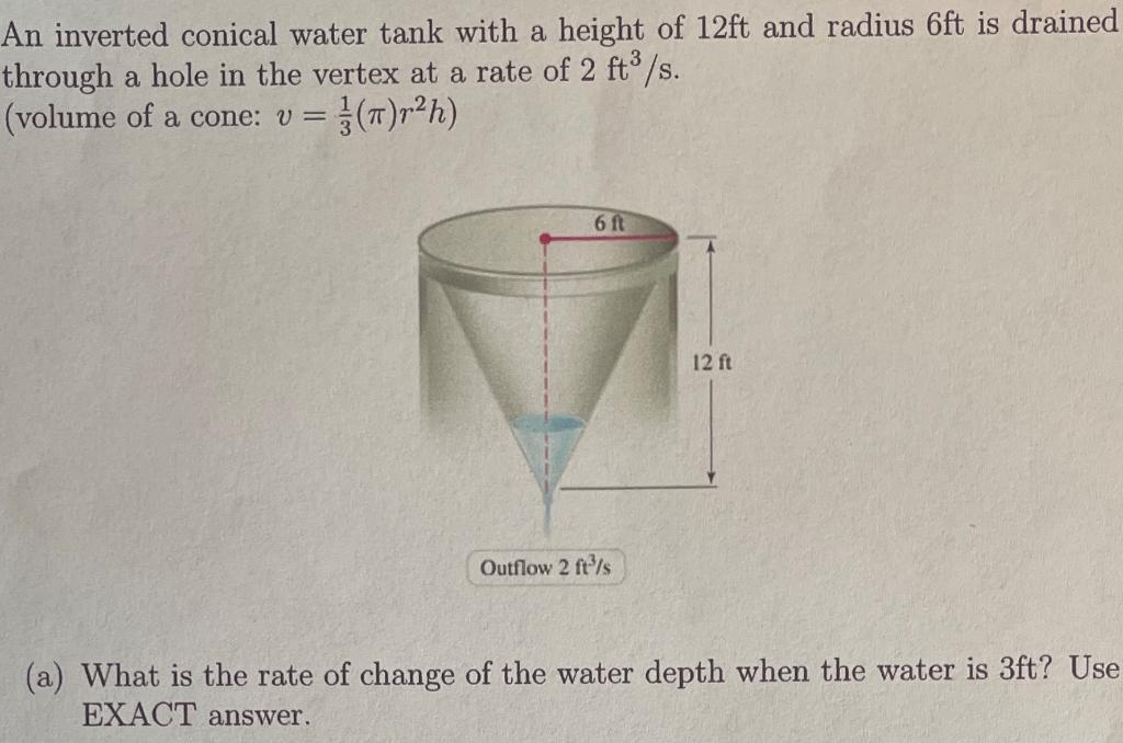 Solved An inverted conical water tank with a height of 12ft | Chegg.com
