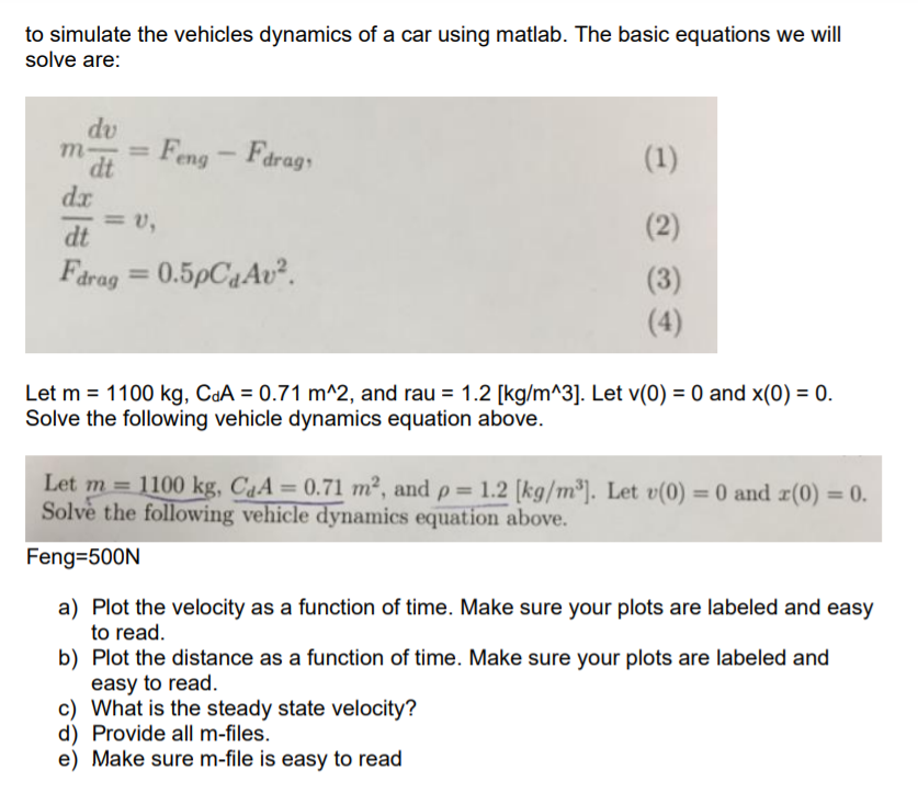 Solved to simulate the vehicles dynamics of a car using | Chegg.com