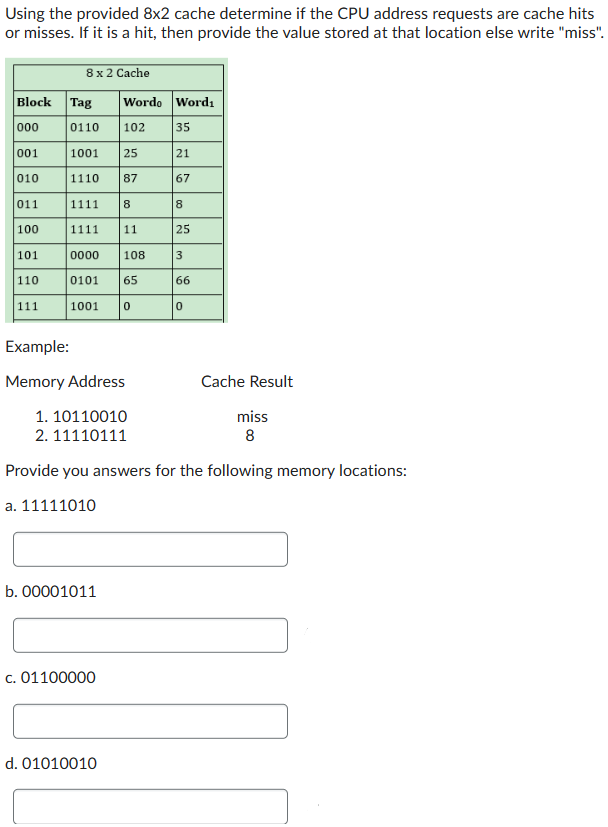 Solved Using the provided 8×2 cache determine if the CPU | Chegg.com