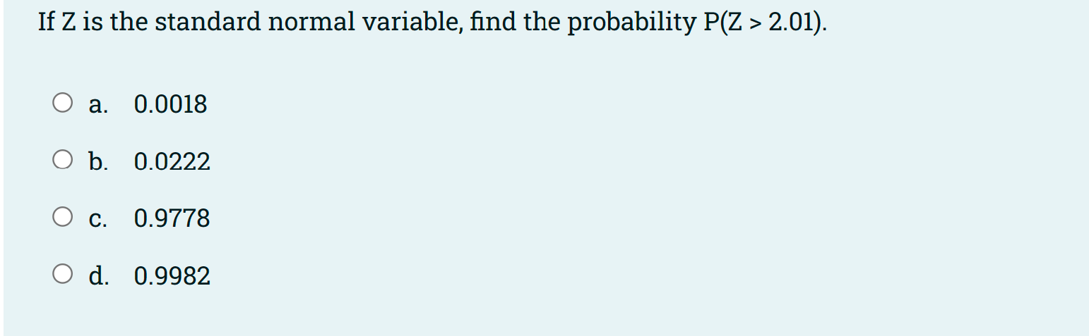Solved If Z is the standard normal variable, find the | Chegg.com
