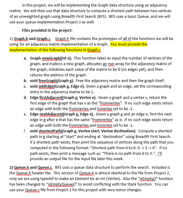 Solved In this project, we will be implementing the Graph | Chegg.com