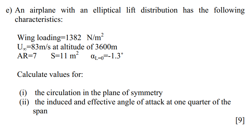 Solved e) An airplane with an elliptical lift distribution | Chegg.com