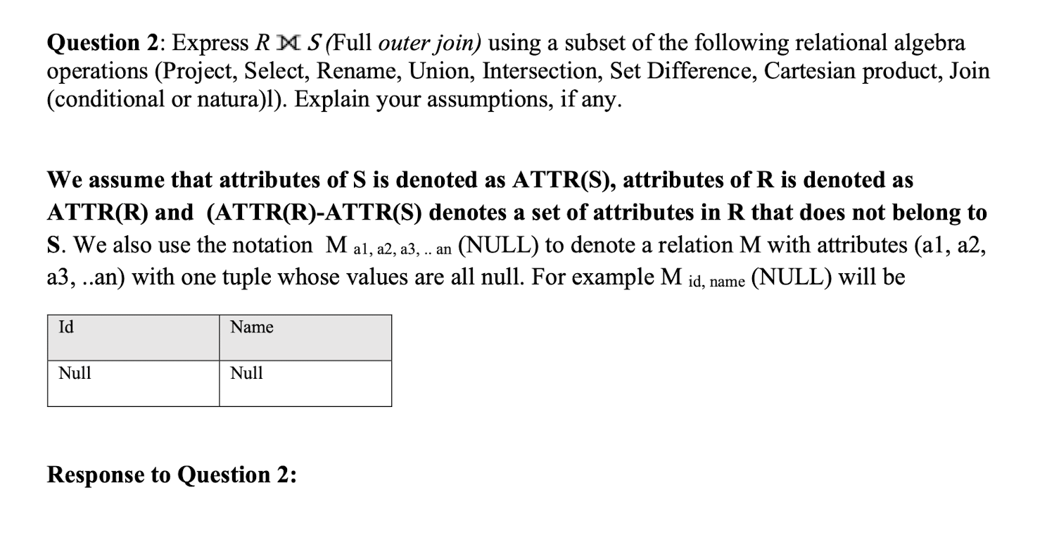 Solved Question 2: Express R M S (Full outer join) using a | Chegg.com