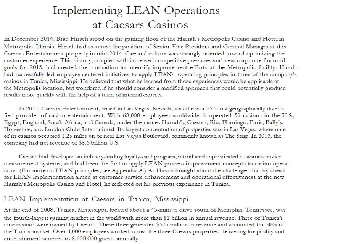 Solved Implementing LEAN Operations at Caesars Casinos In | Chegg.com