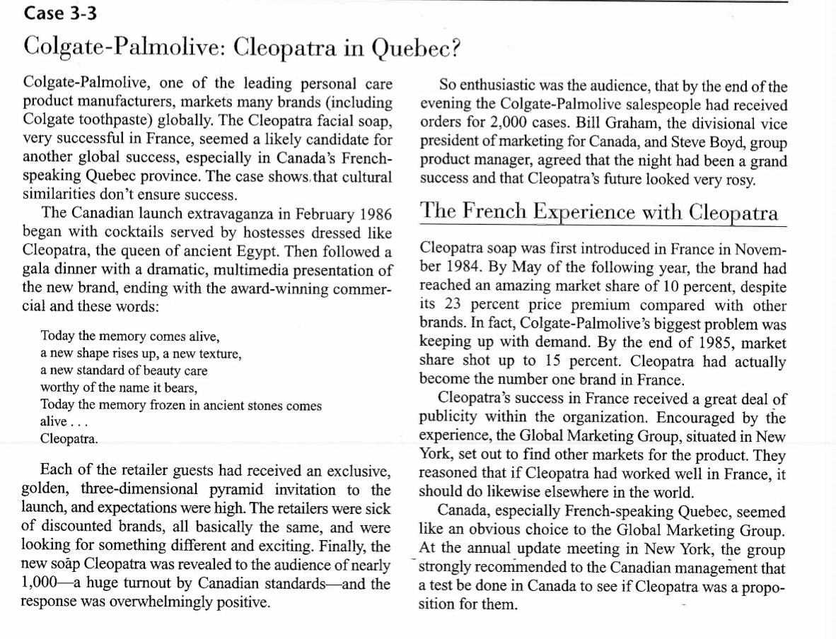 Solved Colgate-Palmolive: Cleopatra in Quebec? | Chegg.com