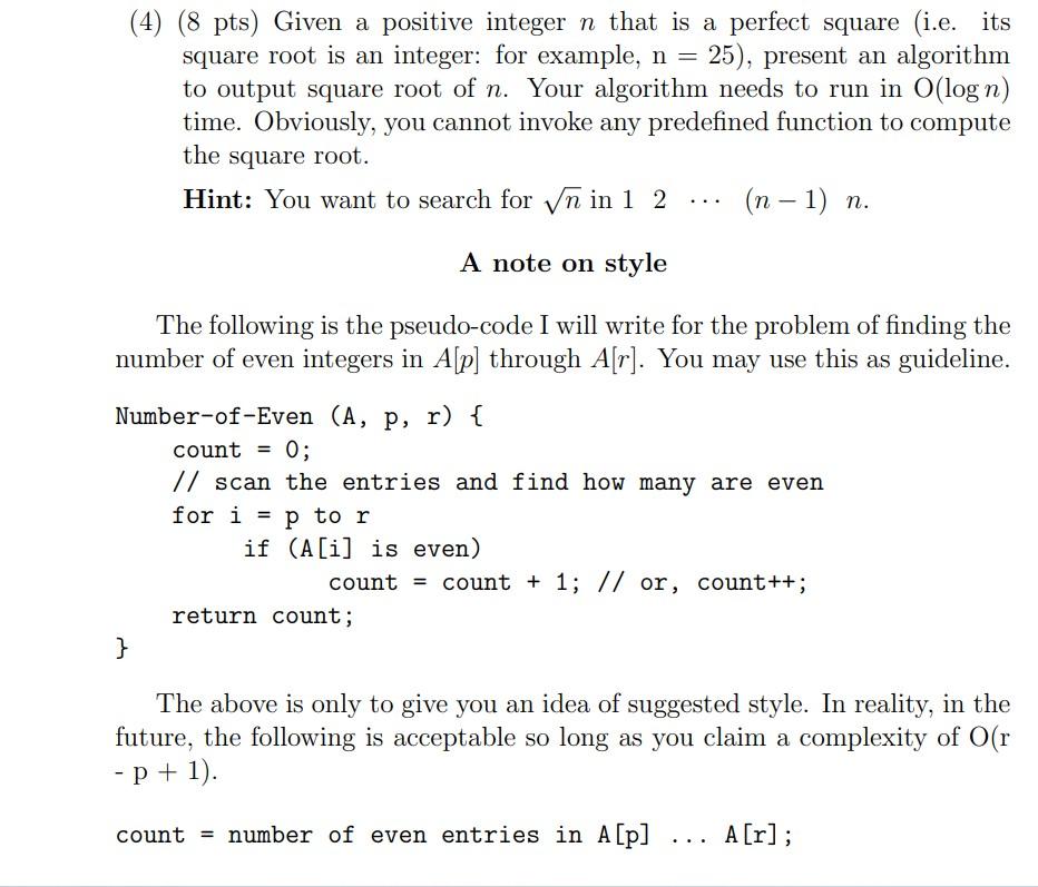 Solved (4) ( 8pts) Given a positive integer n that is a | Chegg.com
