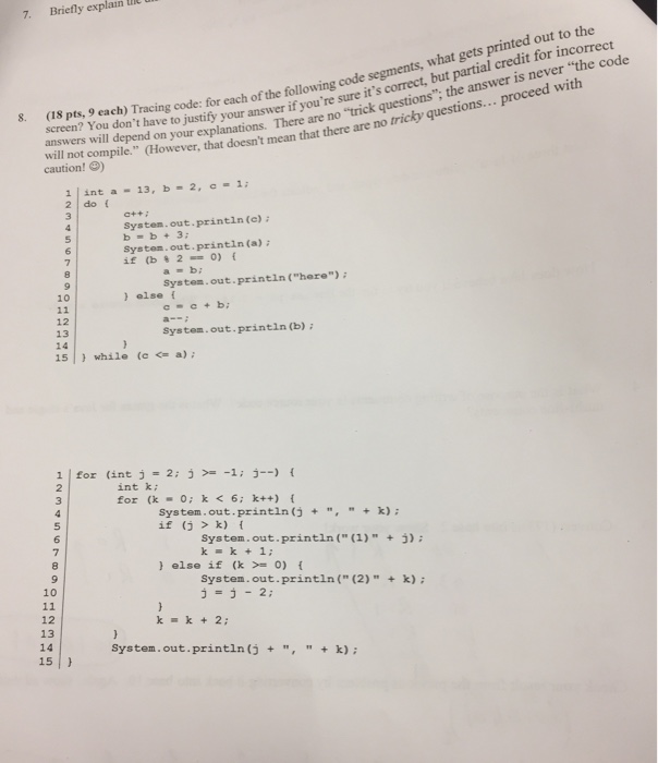 Solved Tracing code: for each of the following code | Chegg.com