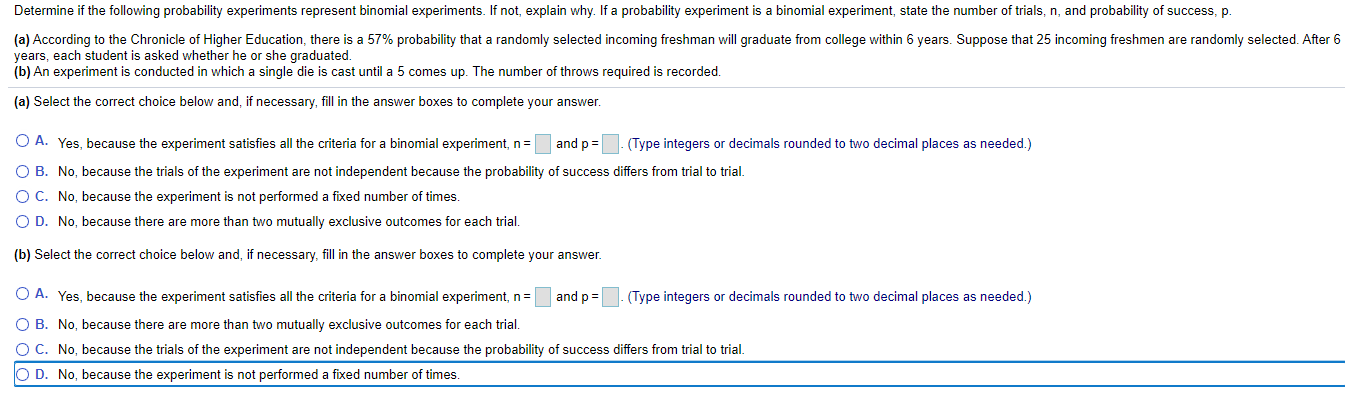 Solved Determine if the following probability experiments | Chegg.com
