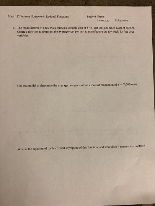 Solved Math 112 Written Homework: Rational Functions Student | Chegg.com
