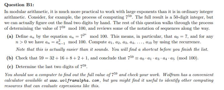 Solved Question B1: In modular arithmetic, it is much more | Chegg.com