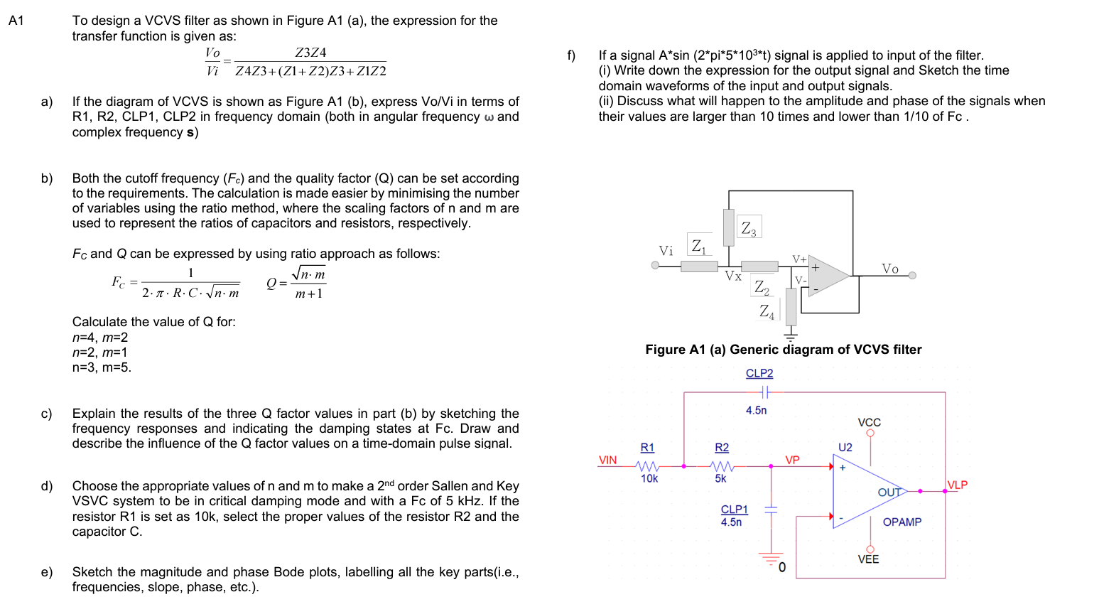 Solved A1 To design a VCVS filter as shown in Figure A1 (a), | Chegg.com