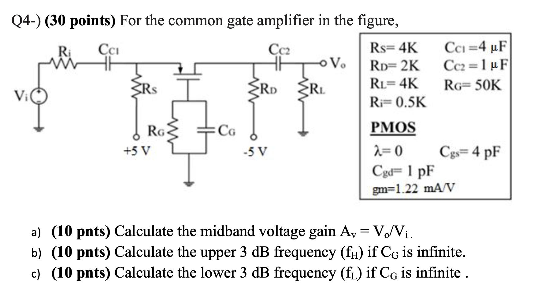 Solved Q4-) (30 points) For the common gate amplifier in the | Chegg.com