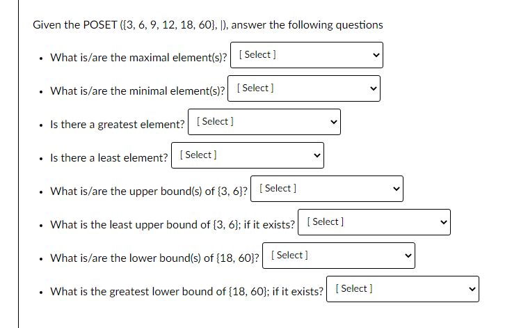 Solved Given the POSET ((3, 6, 9, 12, 18, 60), ), answer the | Chegg.com