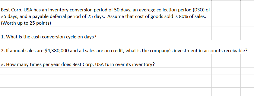 Solved Best Corp. USA has an inventory conversion period of | Chegg.com