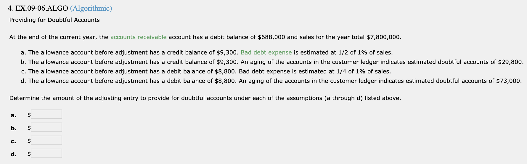Solved 4. EX.09-06.ALGO (Algorithmic) Providing for Doubtful | Chegg.com