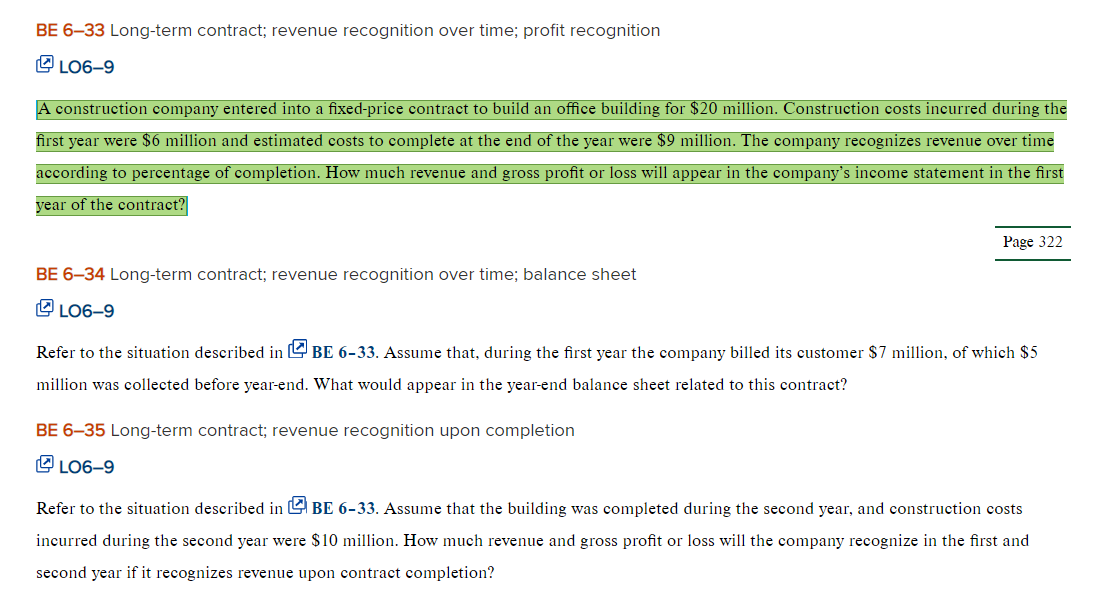Solved BE 6–33 Long-term contract; revenue recognition over | Chegg.com