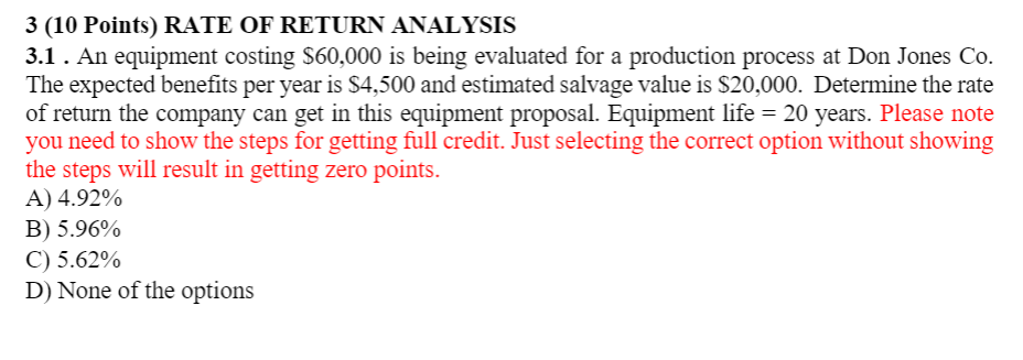 Solved 3 (10 Points) RATE OF RETURN ANALYSIS 3.1. An | Chegg.com