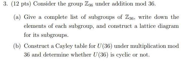 Solved (12 ﻿pts) ﻿Consider the group Z36 ﻿under addition | Chegg.com