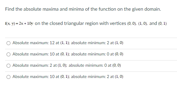 Solved Find the absolute maxima and minima of the function | Chegg.com
