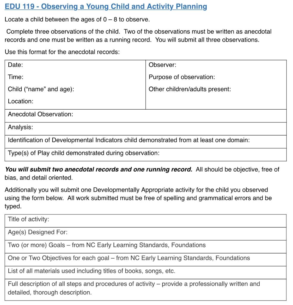 Solved EDU 119 - Observing a Young Child and Activity | Chegg.com