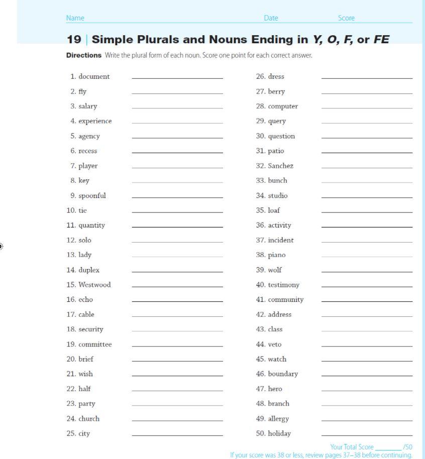 Solved Name Date Score 19 Simple Plurals and Nouns Ending in | Chegg.com