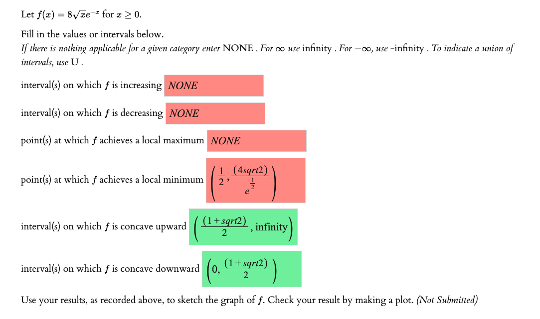 Solved Let f(x) = 8/xe-2 for x > 0. Fill in the values or | Chegg.com