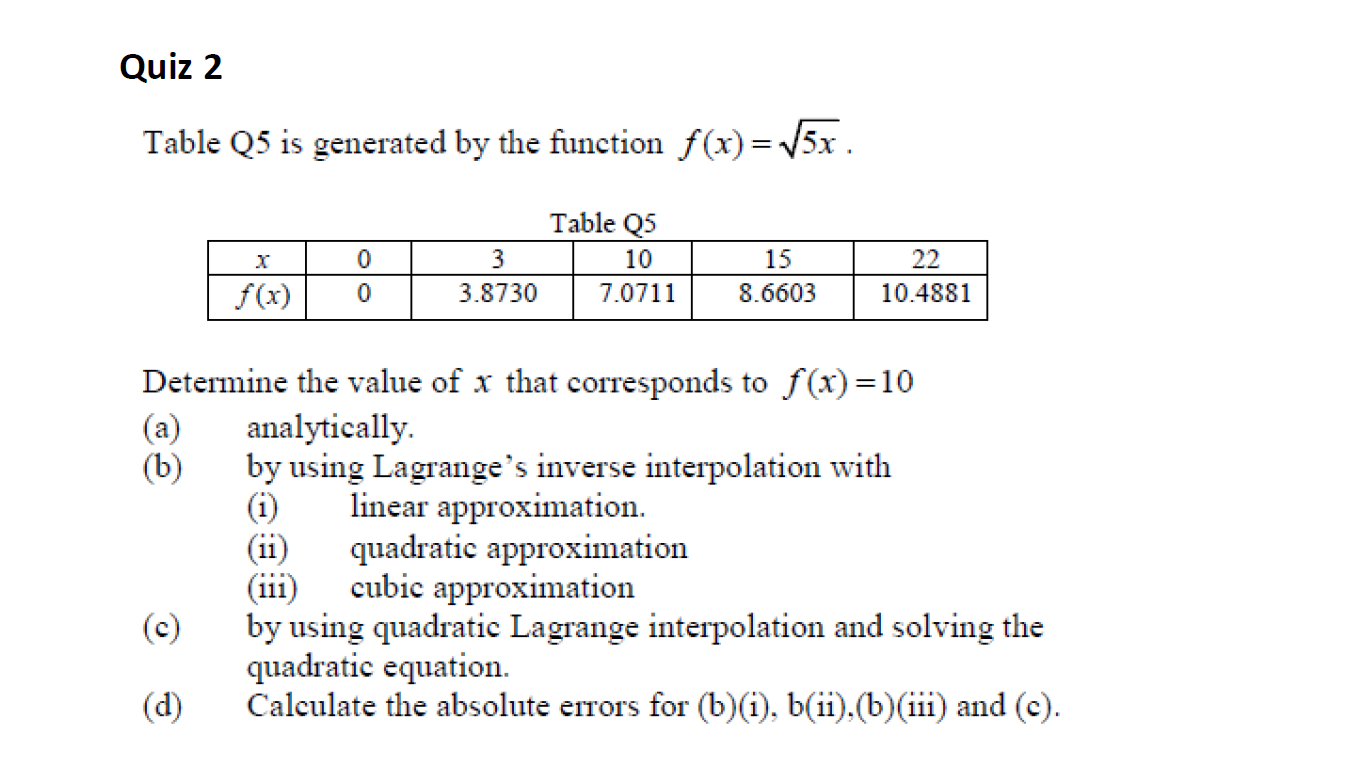 Solved Quiz 2 Table Q5 is generated by the function f(x)= | Chegg.com