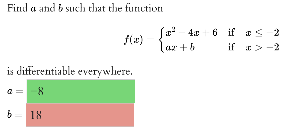 Solved Find a and b such that the function f(x)={x2−4x+6ax+b | Chegg.com