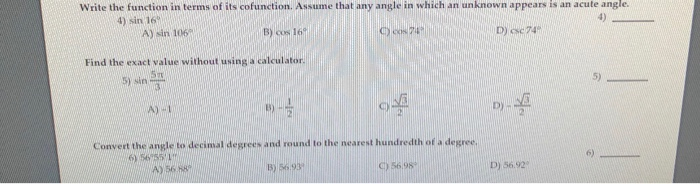 Solved Write the function in terms of its cofunction. Assume | Chegg.com
