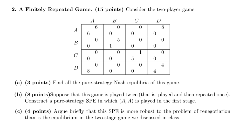 Solved 2. A Finitely Repeated Game. (15 points) Consider the | Chegg.com