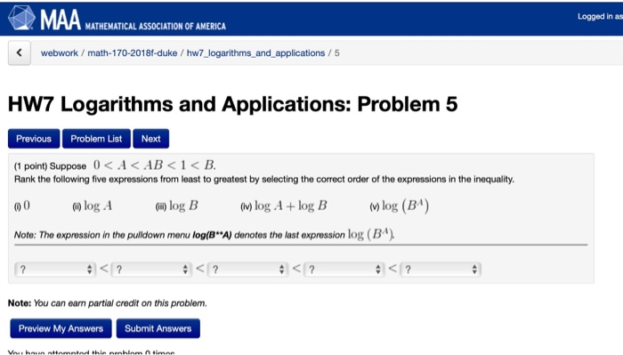 Solved MAA MATHEMATICAL ASSOCIATION OF AMERICA Logged in as | Chegg.com