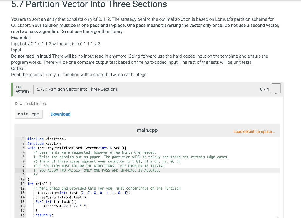 Solved 5.7 Partition Vector Into Three Sections You are to | Chegg.com