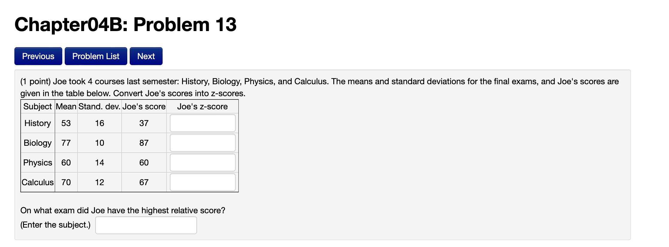 Solved (1 point) Joe took 4 courses last semester: History, | Chegg.com