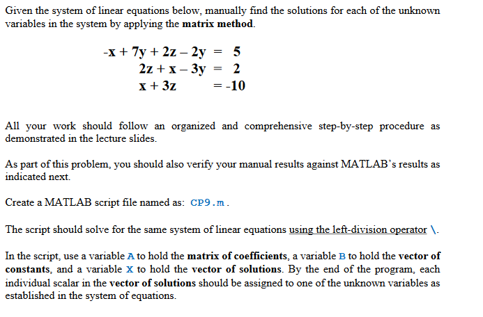 Solved Given the system of linear equations below, manually | Chegg.com