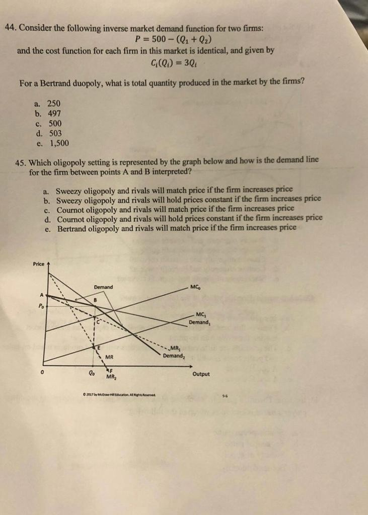 Solved 44. Consider the following inverse market demand | Chegg.com