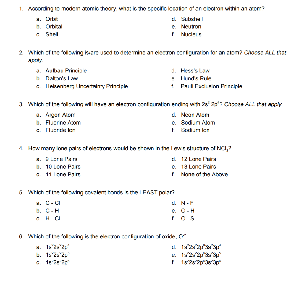 Solved 1. According to modern atomic theory, what is the | Chegg.com