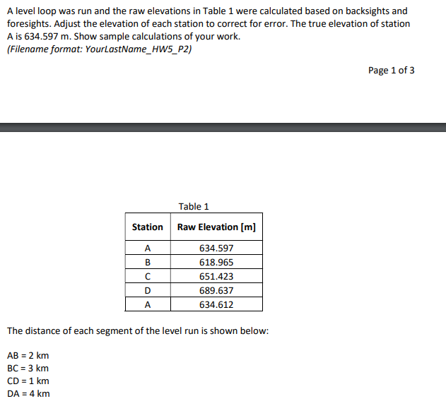 Solved A level loop was run and the raw elevations in Table | Chegg.com