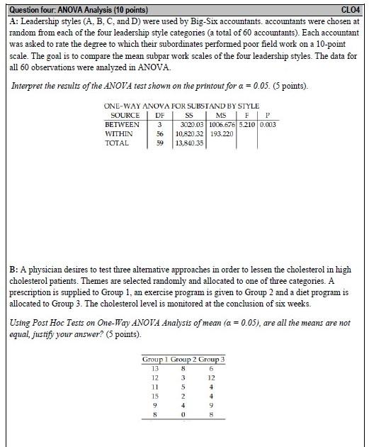 Solved CL04 Question four: ANOVA Analysis (10 points) A: | Chegg.com