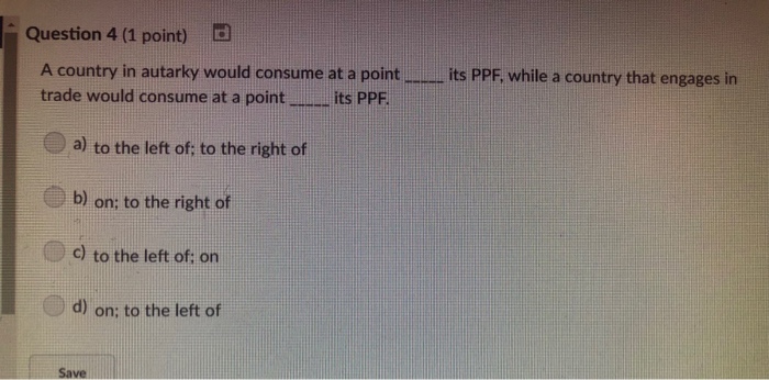 Solved Question 4 (1 point) A country in autarky would | Chegg.com