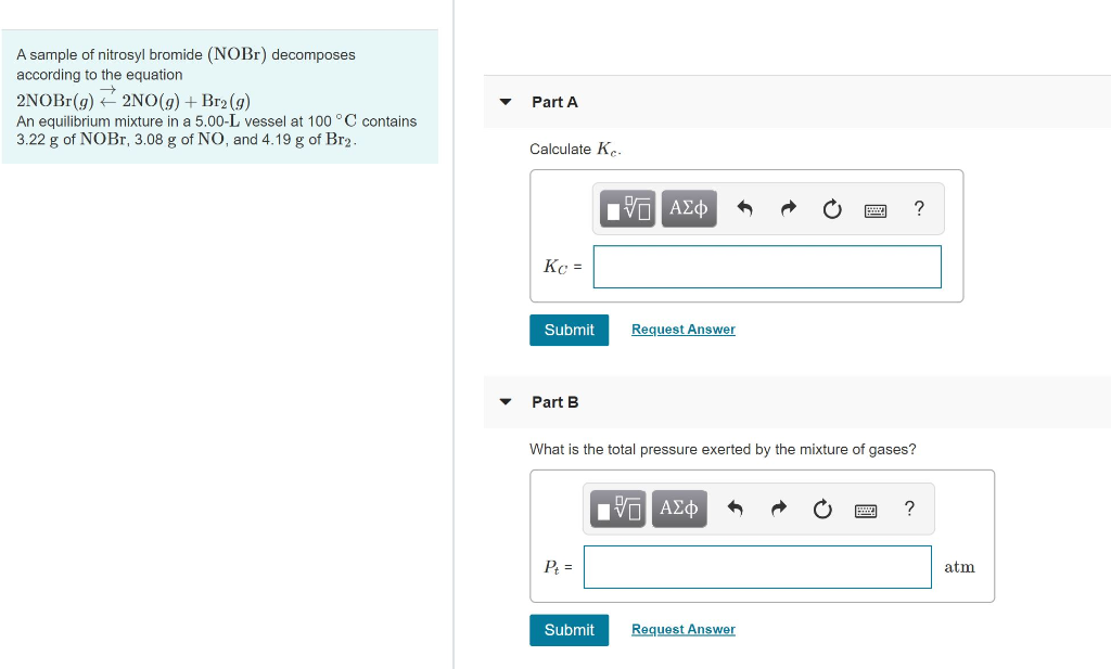 Solved A sample of nitrosyl bromide (NOBr) decomposes | Chegg.com