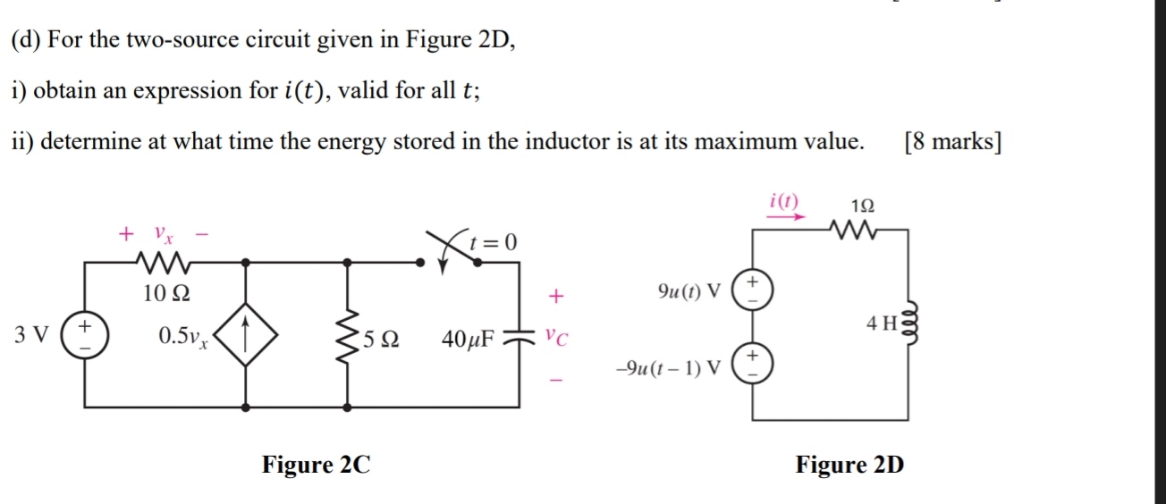 Solved (d) For the two-source circuit given in Figure 2D, i) | Chegg.com