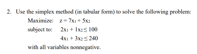 Solved 2. Use the simplex method (in tabular form) to solve | Chegg.com