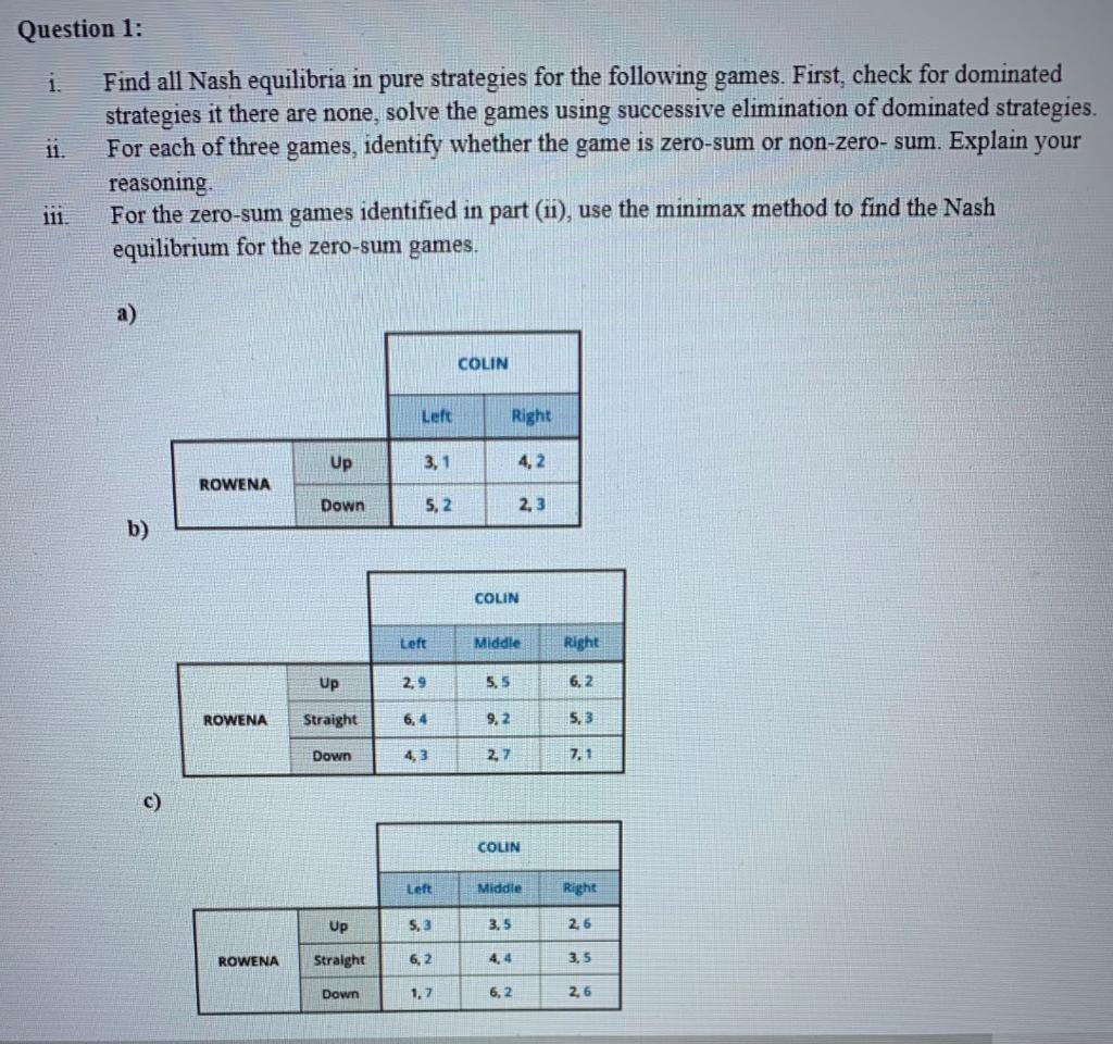 Solved Question 1: i. 11. Find all Nash equilibria in pure | Chegg.com