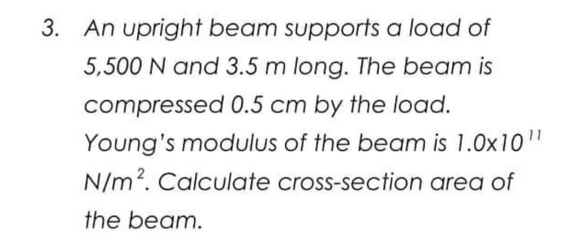 Solved 3. An upright beam supports a load of 5,500 N and 3.5 | Chegg.com