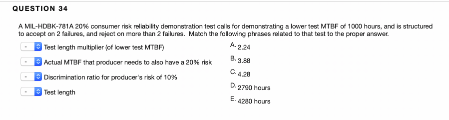 QUESTION 34 A MIL-HDBK-781A 20% consumer risk | Chegg.com