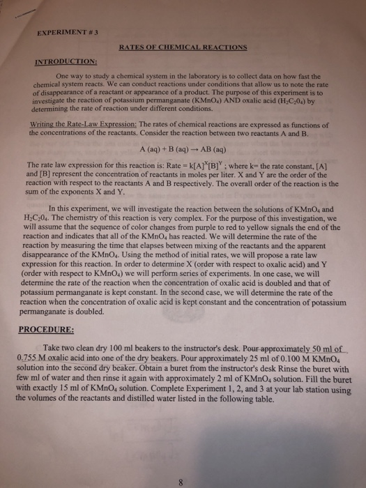 Solved EXPERIMENT # 3 RATES OF CHEMICAL REACTIONS | Chegg.com