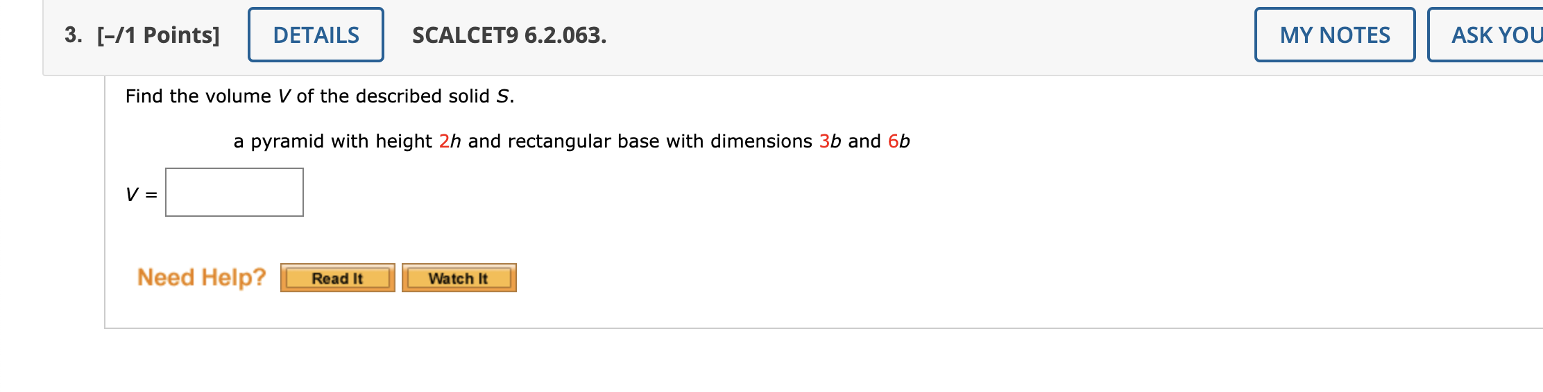 Solved /11 Points] SCALCET9 6.2.063. Find the volume V of | Chegg.com