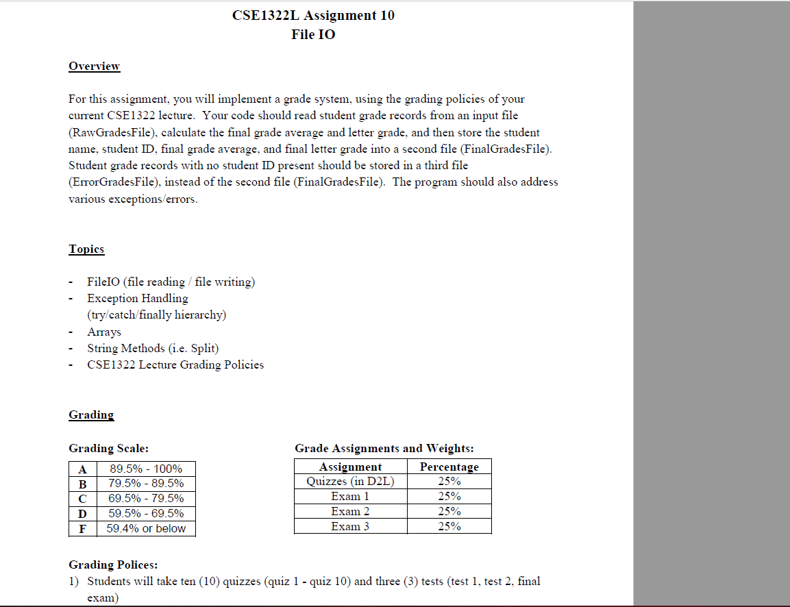 CSE1322L Assignment 10 File IO Overview For this | Chegg.com