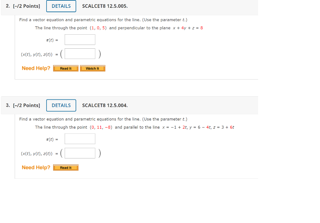 Solved -/2 Points] SCALCET8 12.5.005. Find a vector equation | Chegg.com