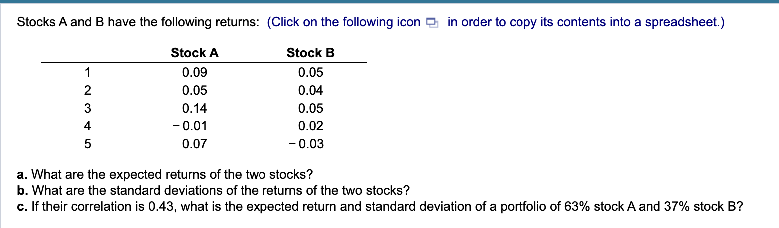 Solved PLEASE ANSWER A-CStocks A and B have the following | Chegg.com